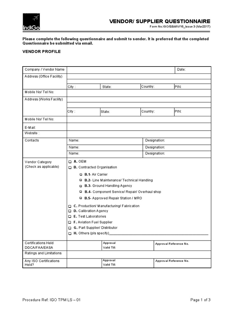 Vendor/ Supplier Questionnaire | PDF | Specification (Technical ...