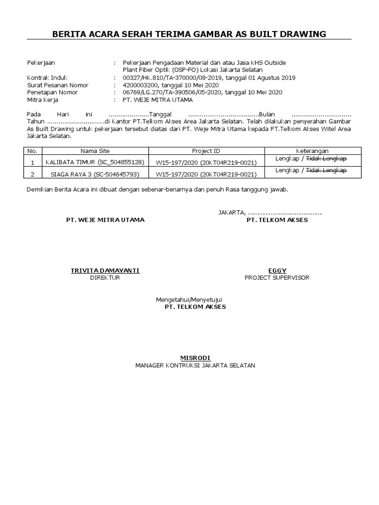 Serah Terima Gambar As Built Drawing Proyek Fiber Optik | PDF