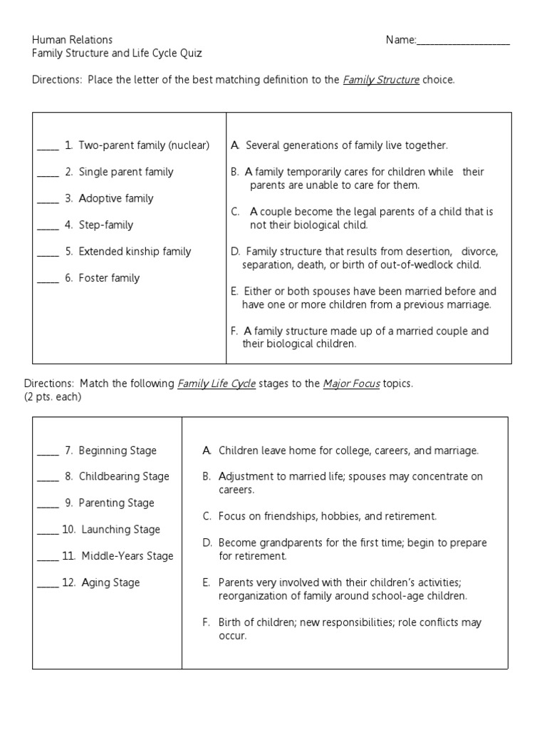 Family Structure and Life Cycle Quiz | PDF | Stepfamily | Family