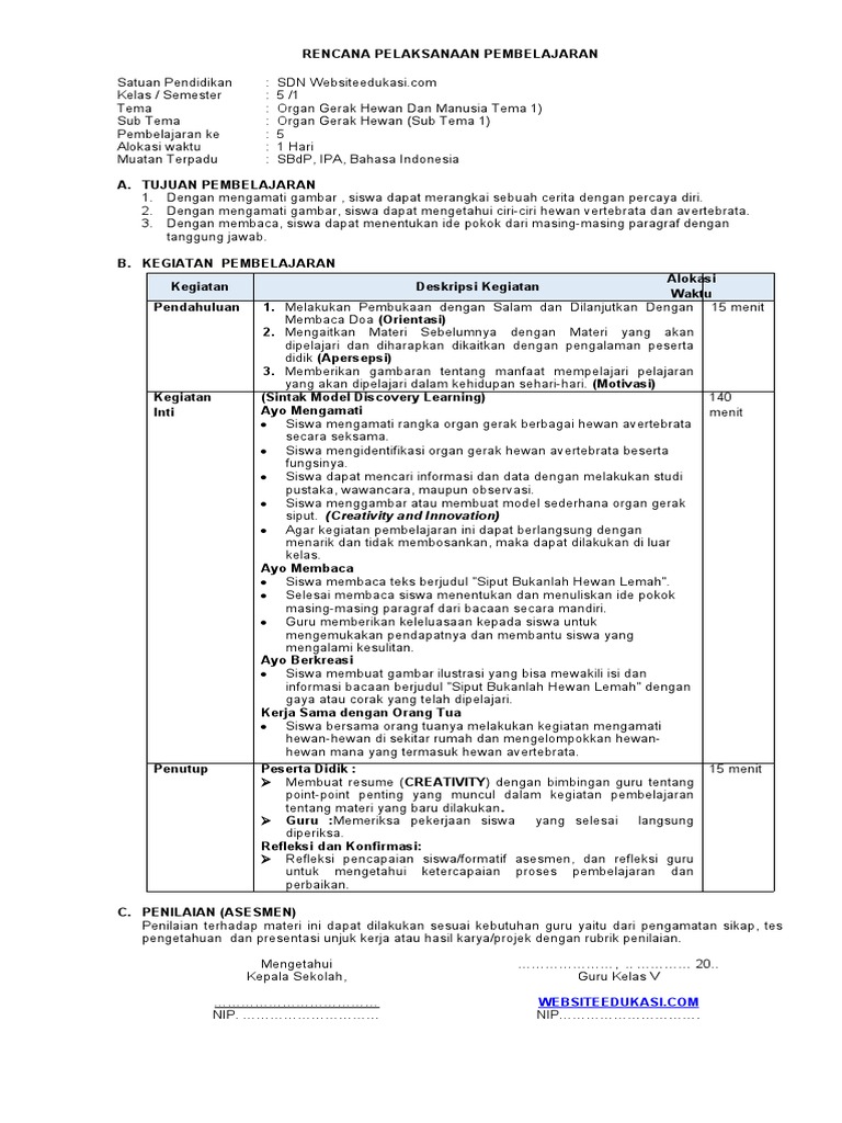 RPP 1 Lembar Kelas 5 Tema 1 Subtema 1 P5 | PDF