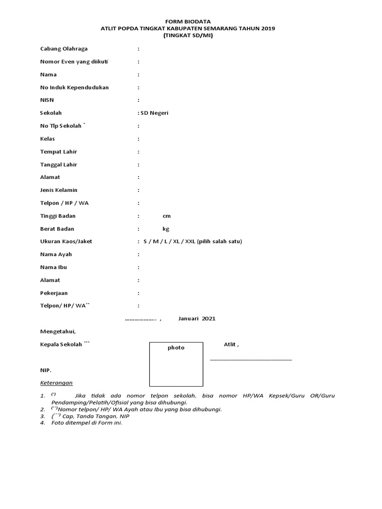 Form Biodata Popda | PDF