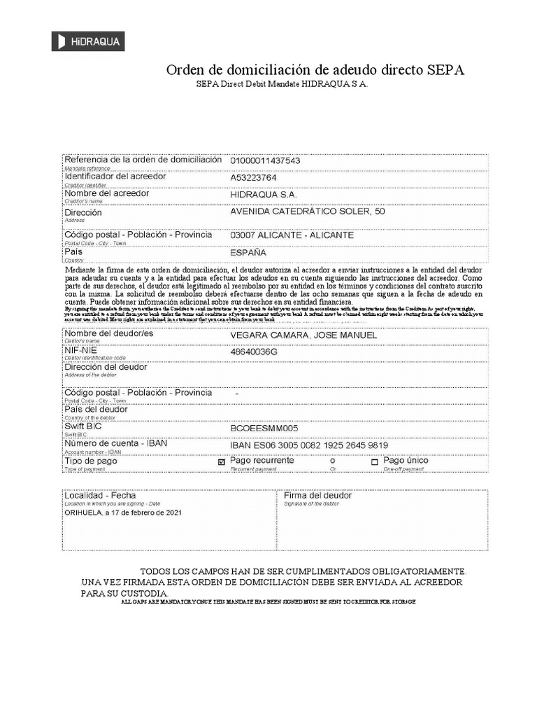Orden de domiciliación de adeudo directo SEPA para HIDRAQUA S.A. | PDF