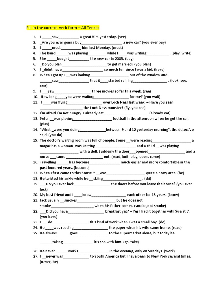 Fill in The Correct Form of The Verb - Different Tenses | PDF