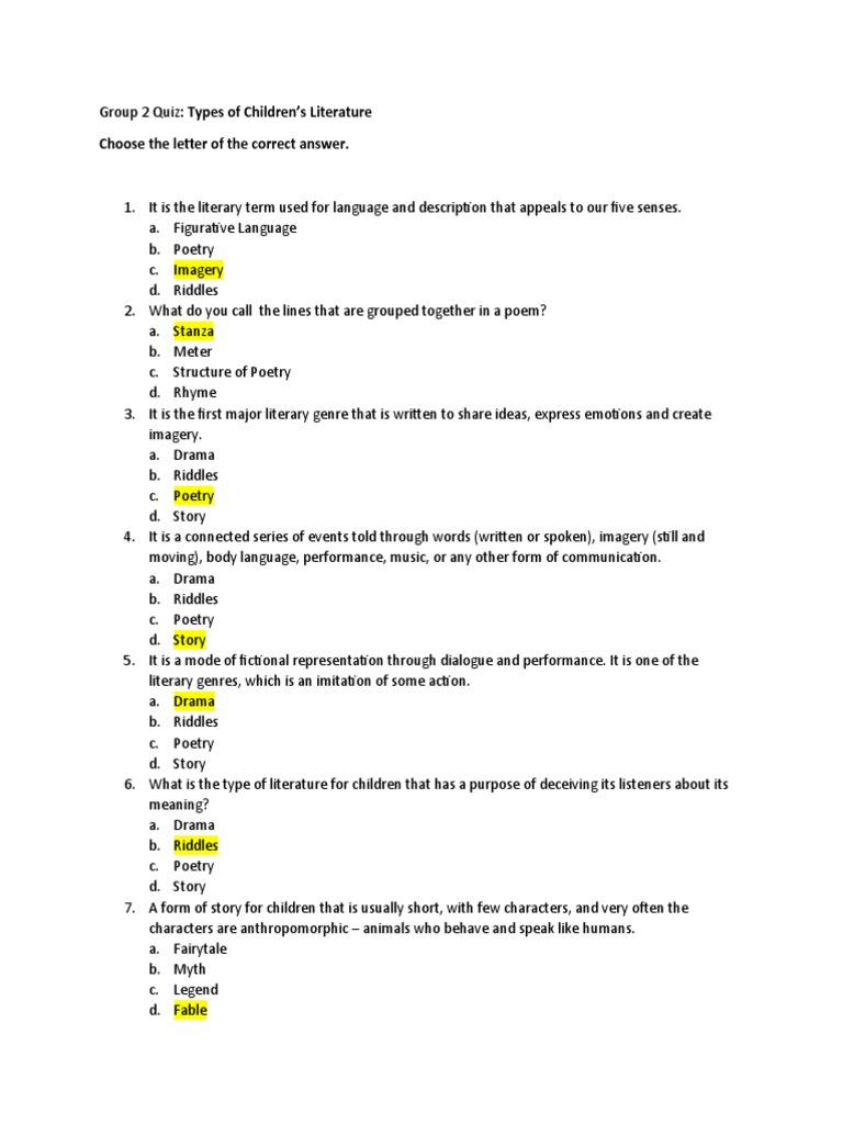 Types of Childrens Literature Quiz | PDF | Poetry | Genre