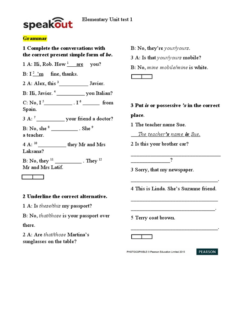 SpeakOut Elementary 2d Edition Unit1 Test | PDF | Linguistics | Human ...