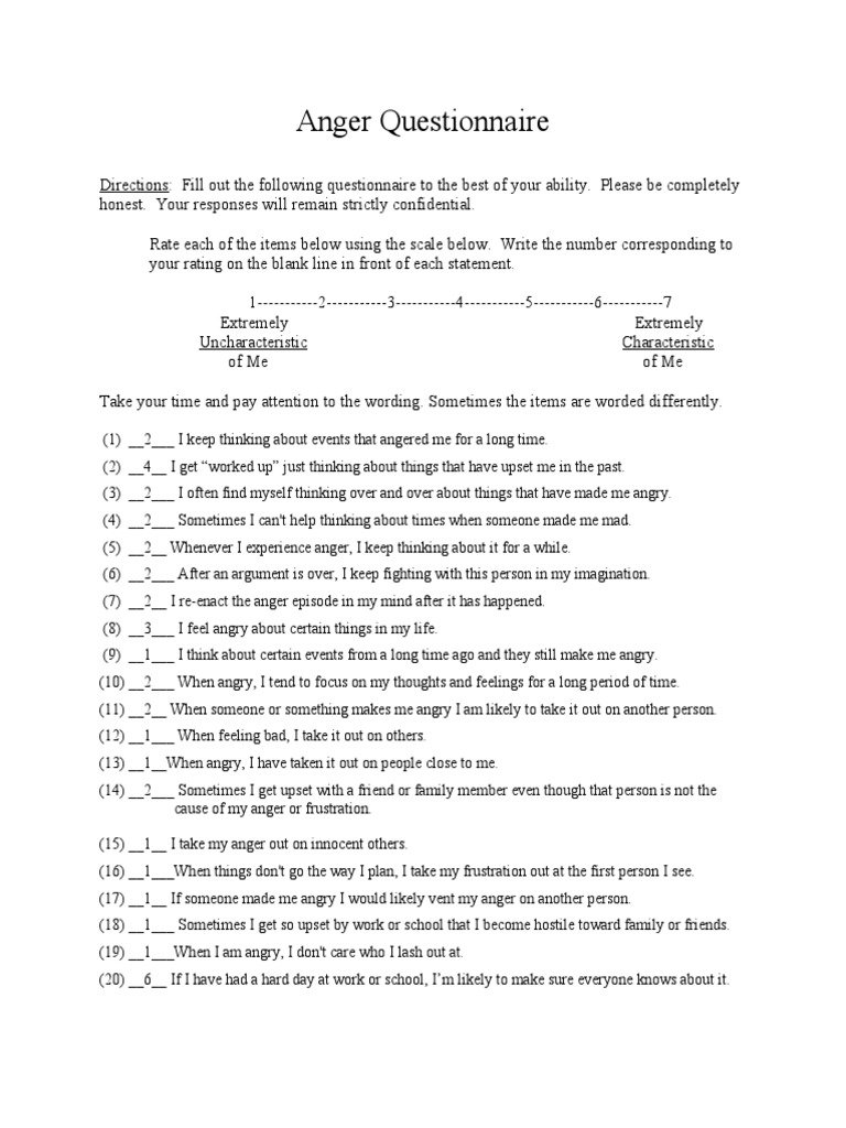 Anger Questionnaire | PDF | Anger | Metaphysics Of Mind Anger Questionnaire | PDF | Anger | Metaphysics Of Mind