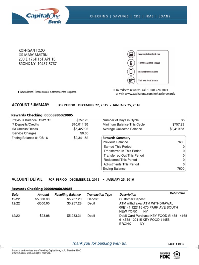 CapitalOne Statement 012016 8085 2 PDF | PDF | Debit Card | Deposit Account