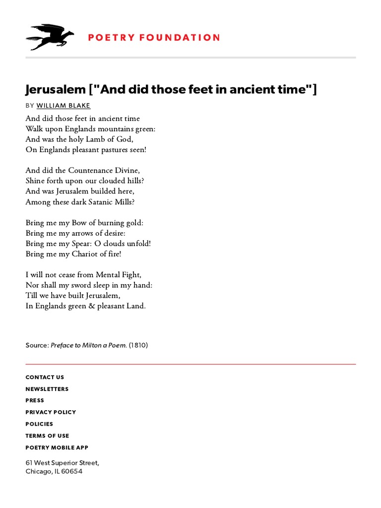 Jerusalem ("And Did Those Feet in Ancient Time") : William Blake | PDF