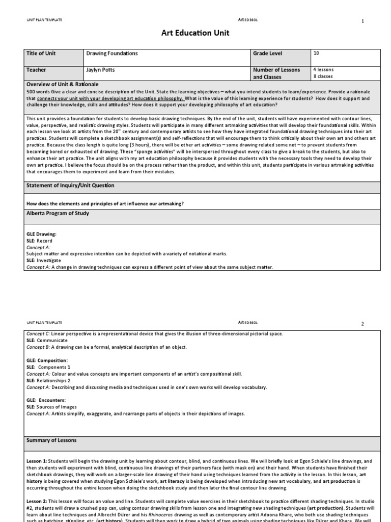 Art Education Unit: Drawing Foundations Jaylyn Potts | PDF
