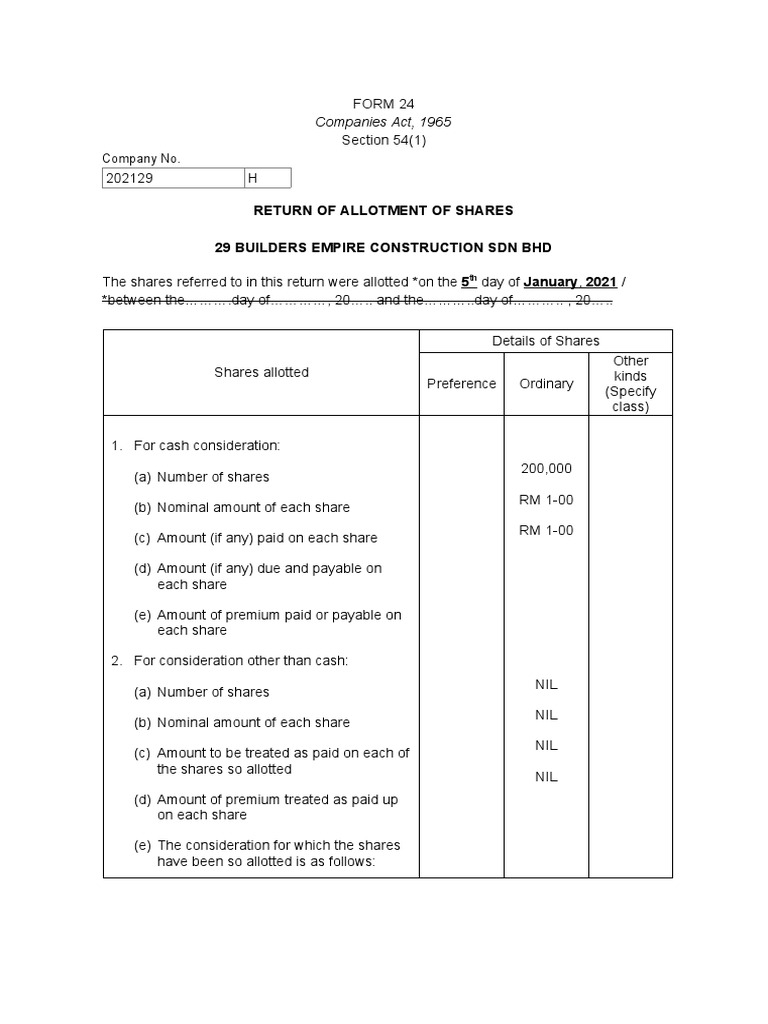Form 24 (Return of Allotment of Shares) | PDF | Government | Justice