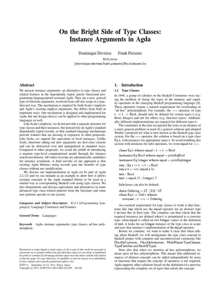 On The Bright Side of Type Classes: Instance Arguments in Agda | PDF | Class (Computer ...
