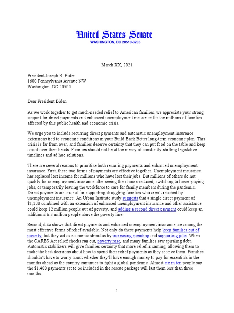 21 03 01 Wyden Recurring Payment Letter | PDF | Unemployment | Social ...