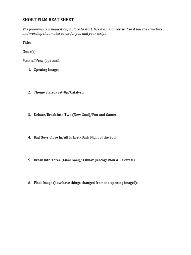 Short Film BEAT SHEET Worksheet | PDF