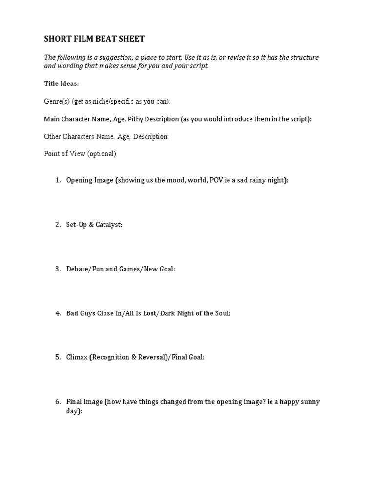 How To Outline A Short Film BEAT SHEET | PDF