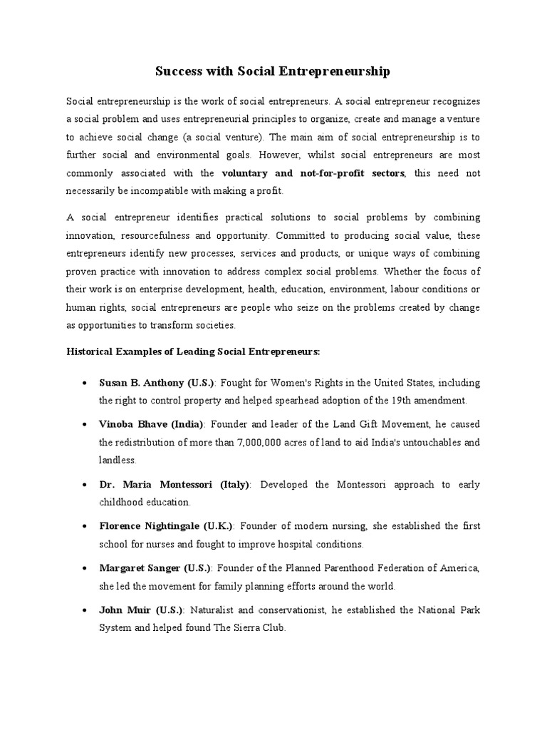 Success With Social Entrepreneurship: Historical Examples of Leading ...