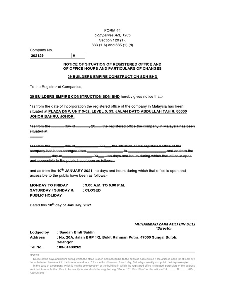 Form 44 (Notice of Situation of Registered Office and Office Hours and ...