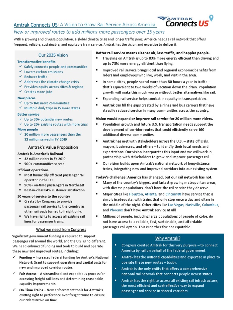 Amtrak Connects Us - Fact Sheet For Statement | PDF | Amtrak | Rail ...