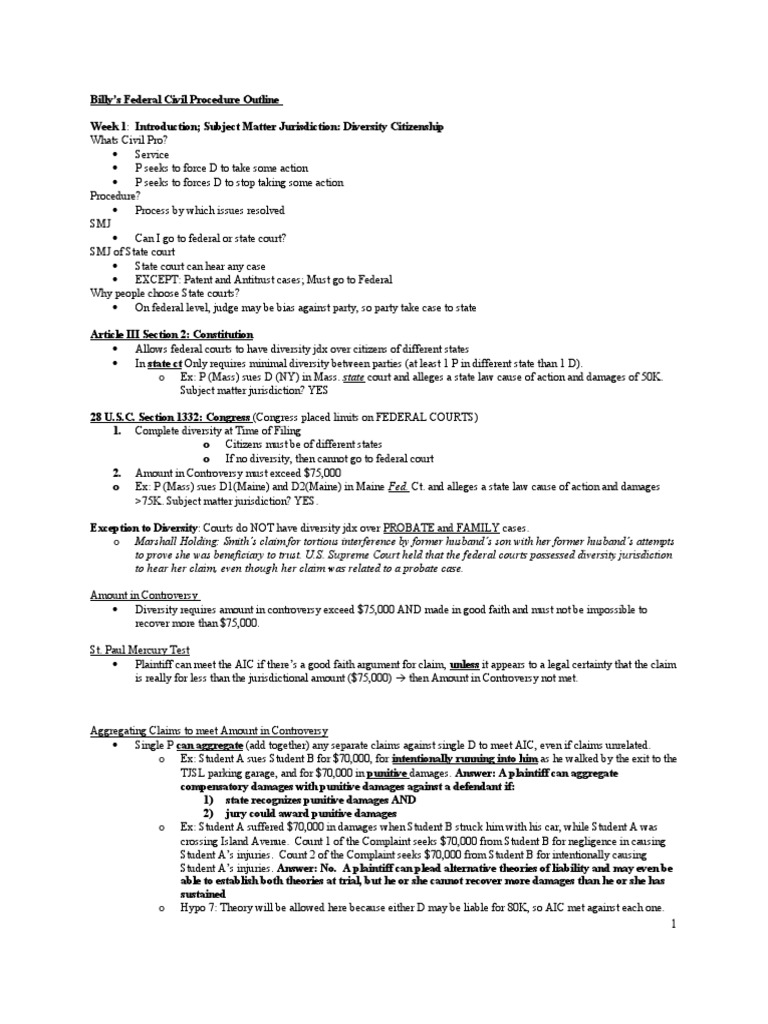 Civ Pro Outline | PDF | Diversity Jurisdiction | Minimum Contacts
