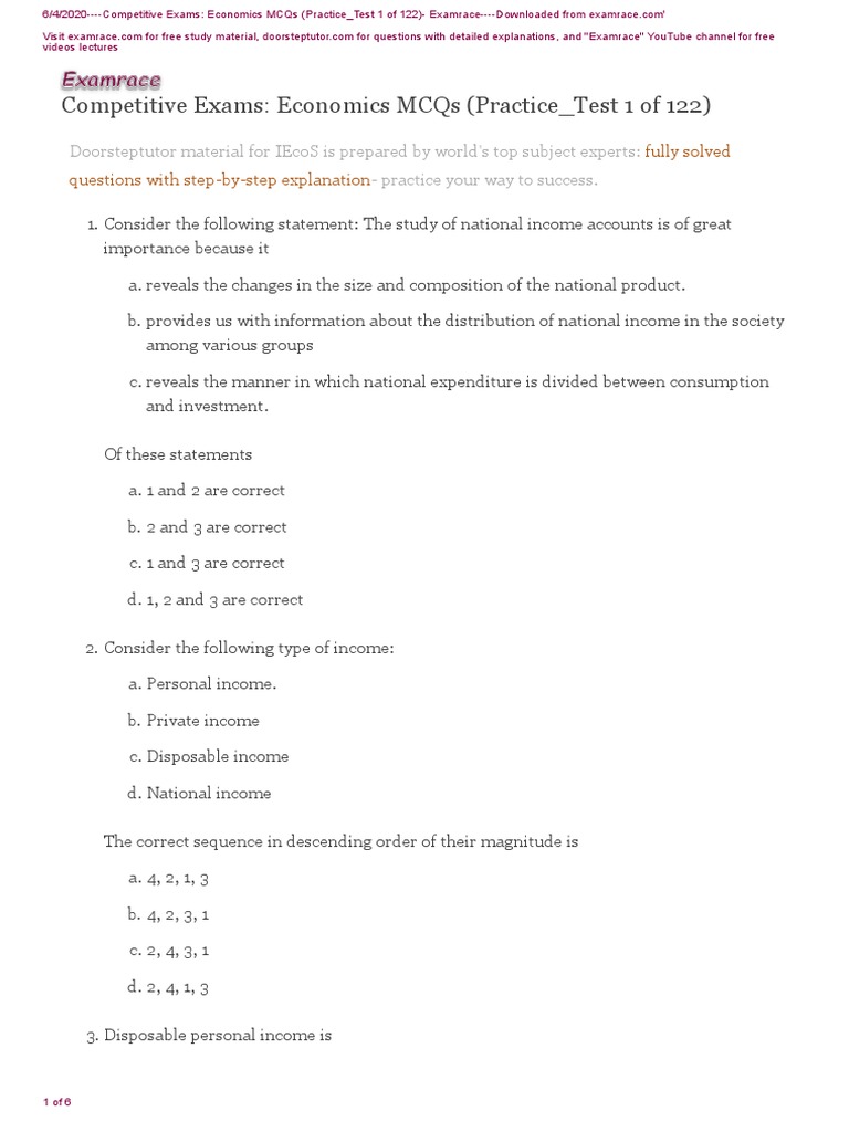 Economics MCQs Practice Test 1 | PDF | Income | Social Security (United ...
