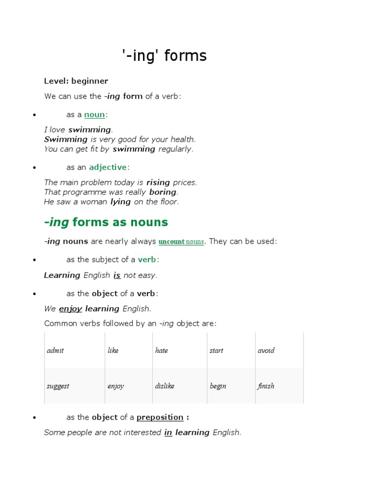 A Guide to Using '-ing' Forms: Nouns and Adjectives Formed from Verbs | PDF