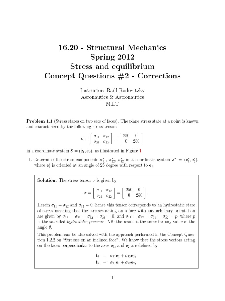 16.20 - Structural Mechanics Spring 2012 Stress and Equilibrium Concept ...