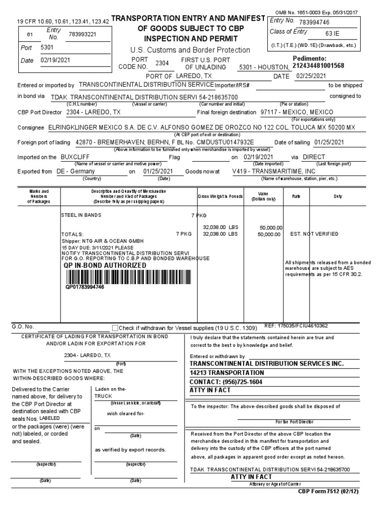 U.S. Customs and Border Protection: Transportation Entry and Manifest ...