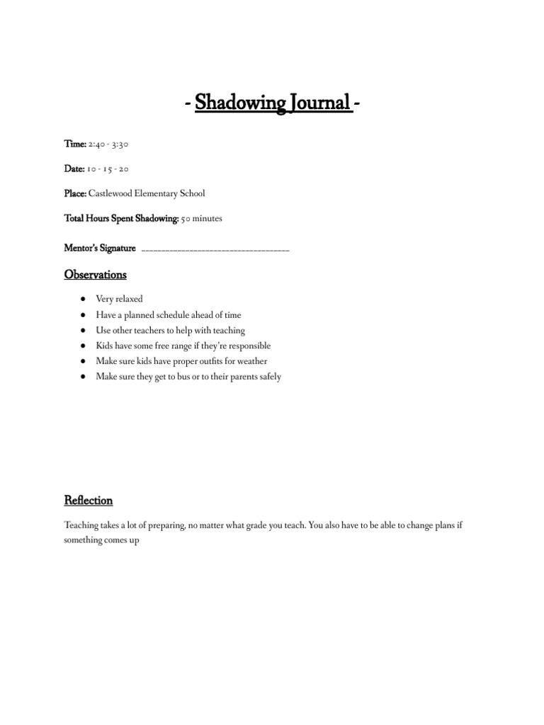 Shadowing Journal | Download Free PDF | Classroom | Mentorship