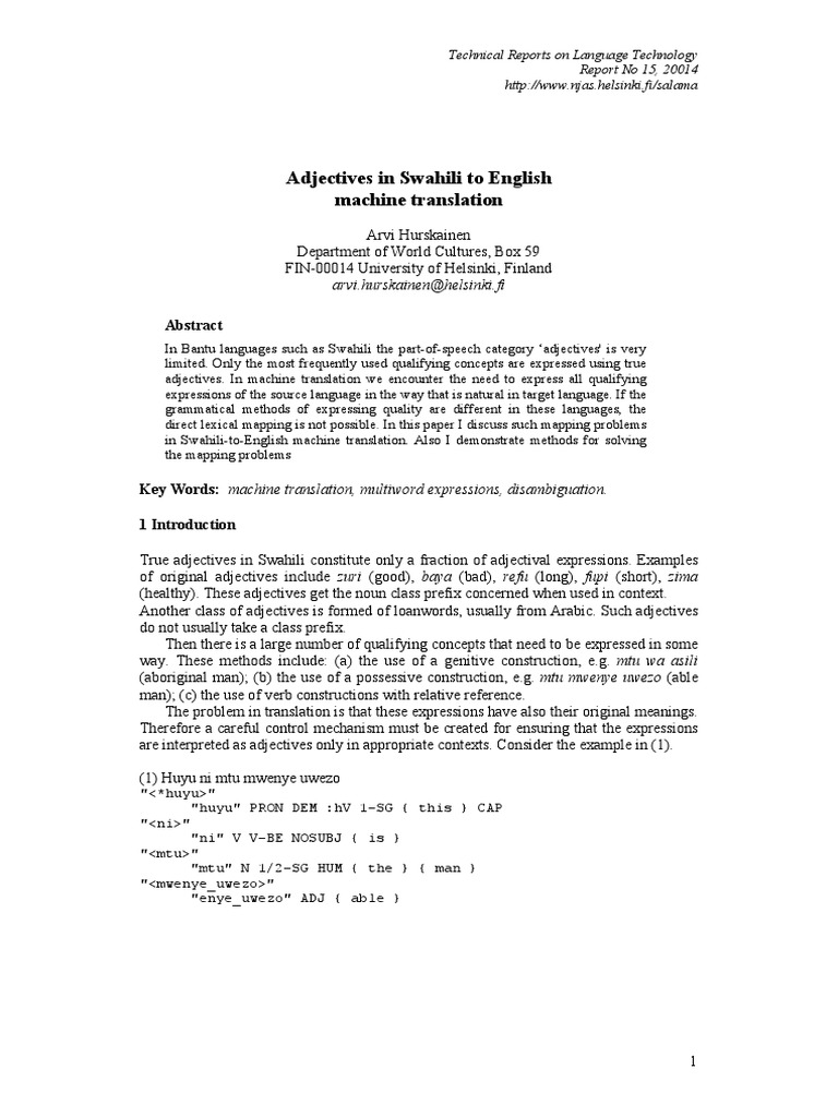 Adjectives in Swahili To English MT | PDF | Swahili Language | Verb