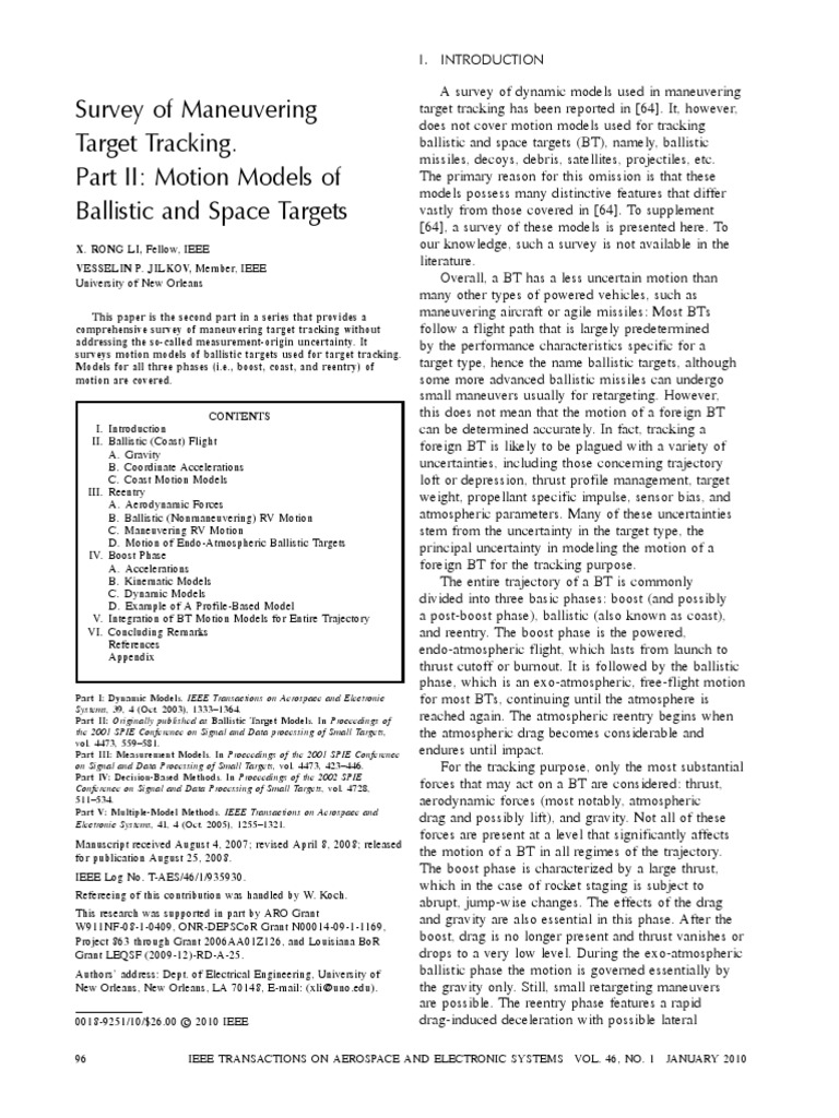 Survey of Maneuvering Target Tracking. Part II Motion Models of Ballistic and Space Targets-KvL ...