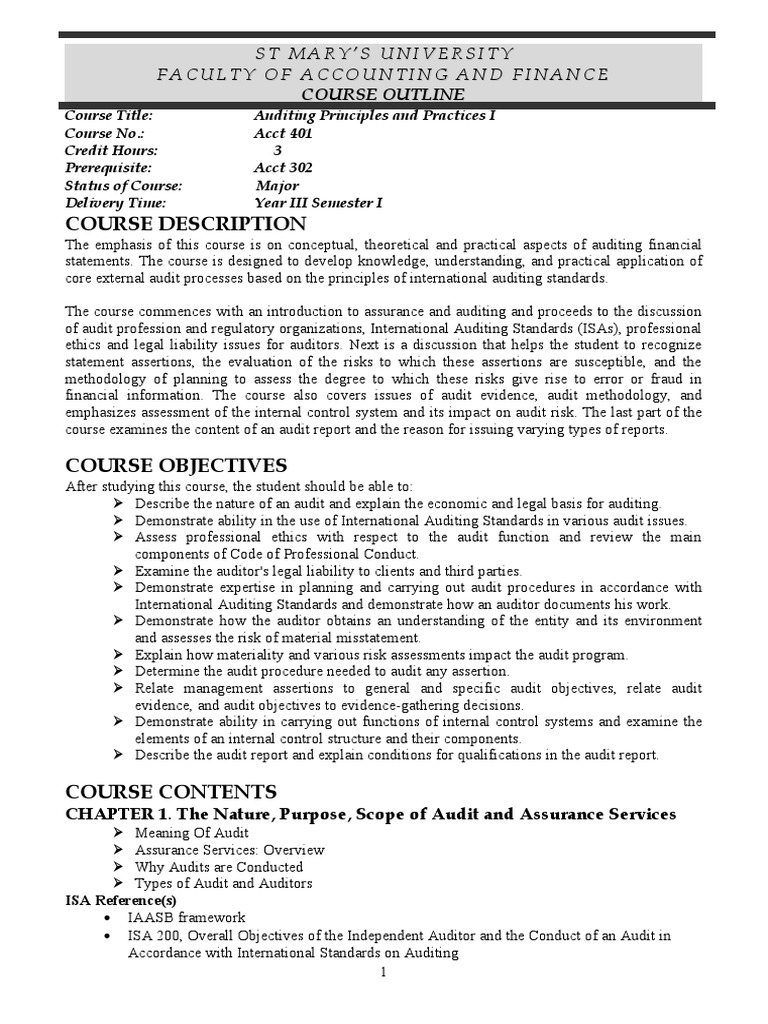 Auditing I Course Outline | PDF | Internal Control | Audit