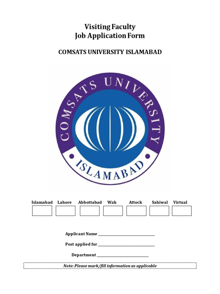 Visiting Faculty Job Application Form: Comsats University Islamabad | PDF
