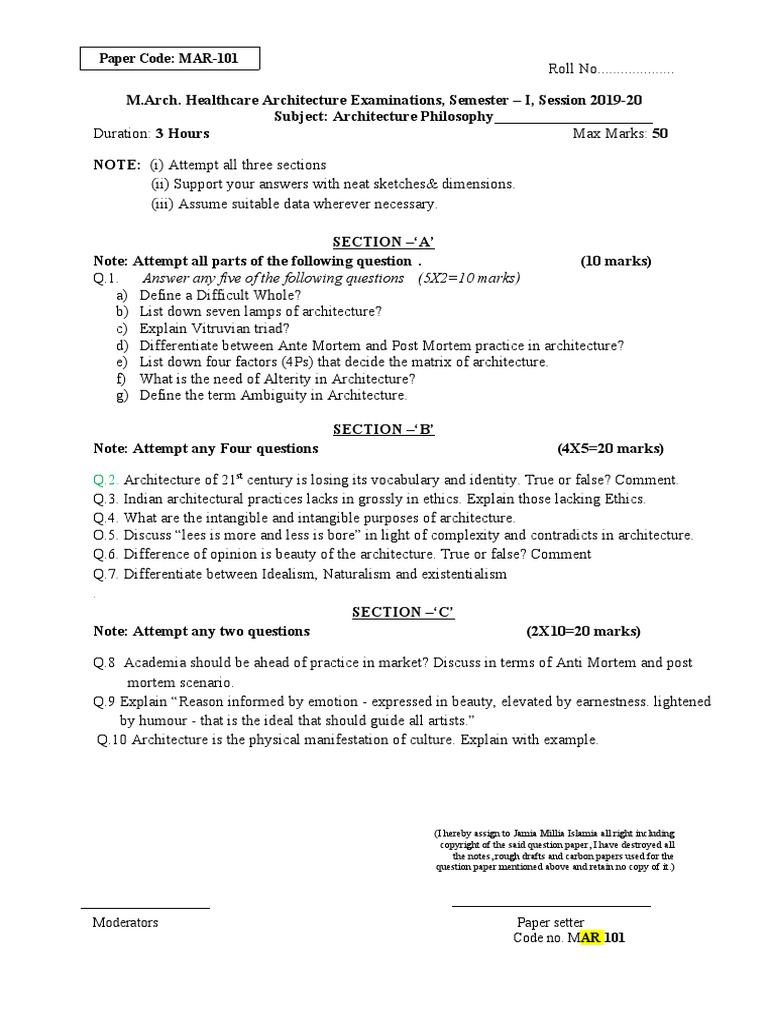 Moderators Paper Setter Code No. MAR 101 | PDF | Question | Science