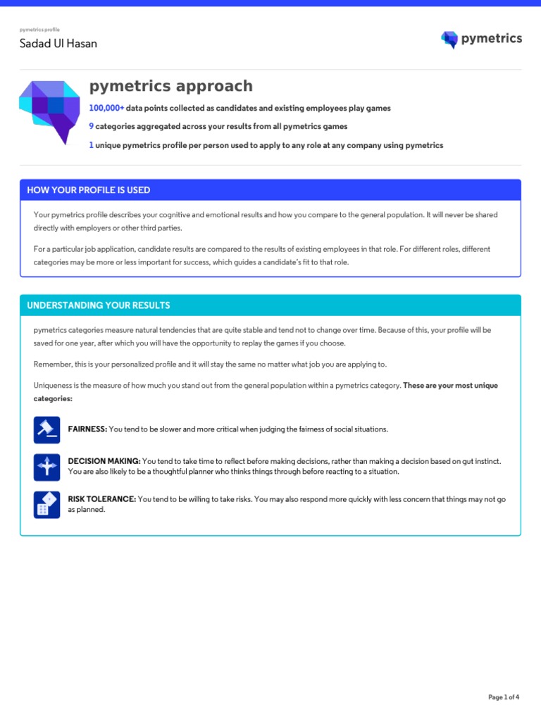 Pymetrics Approach: Sadad Ul Hasan | PDF | Decision Making | Risk