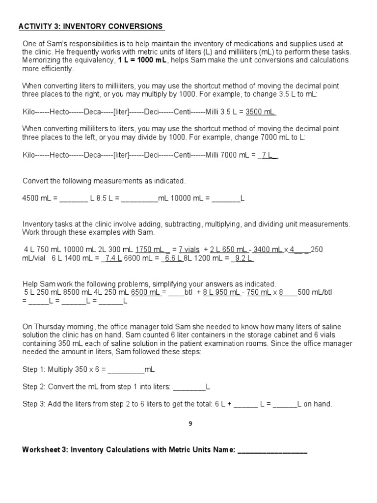 Activity 3 - Inventory Converstions Using Metric Systems | PDF | Litre ...