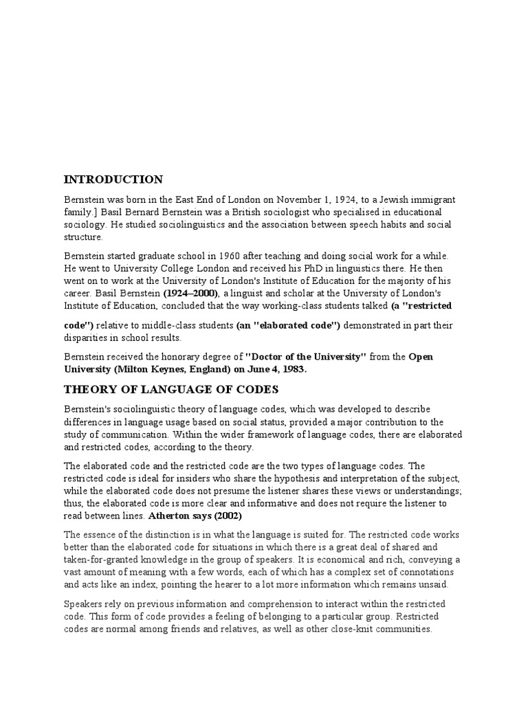 Basil Bernstein's Theory of Elaborated and Restricted Codes | PDF ...