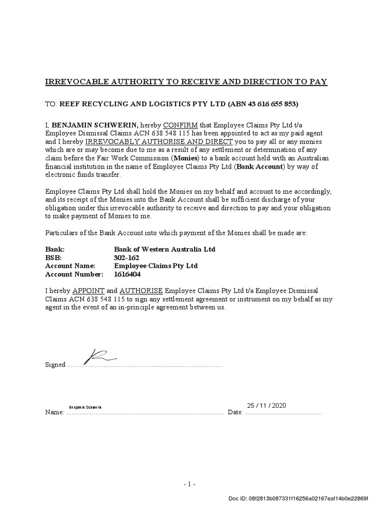 Irrevocable Authority To Receive and Direction To Pay | PDF | Civil Law ...