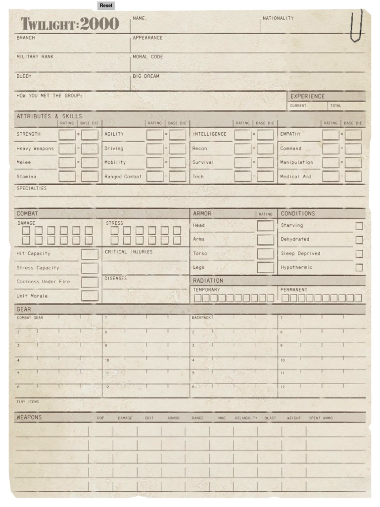 Twilight 2000 Character Sheet Template | PDF | Leisure | Weaponry