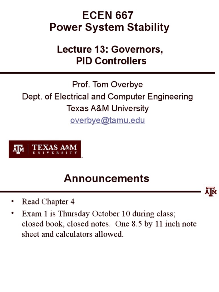 ECEN 667 Power System Stability: Lecture 13: Governors, PID Controllers | PDF | Control Theory ...