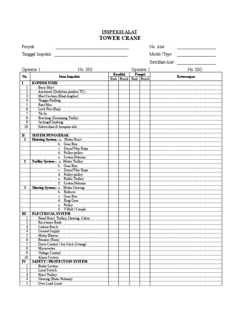 Form Inspeksi Tower Crane | PDF | Electromagnetism | Equipment