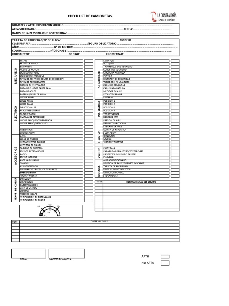 Check List de Camionetas | PDF | Transporte | Industria automotriz
