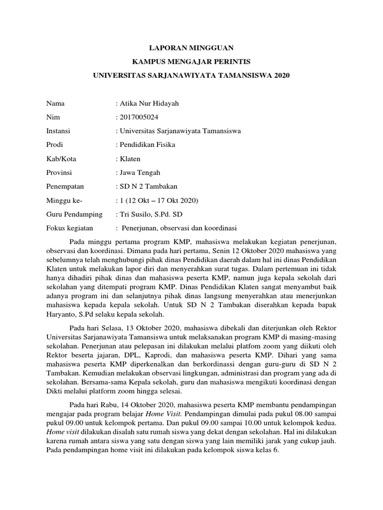 Laporan Mingguan Kampus Mengajar Perintis Universitas Sarjanawiyata Tamansiswa 2020 | PDF ...