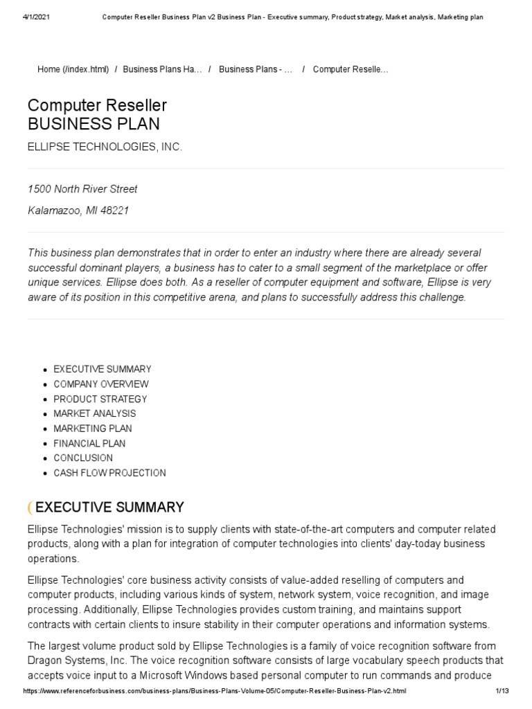 Computer Reseller Business Plan v2 Business Plan - Executive Summary ...