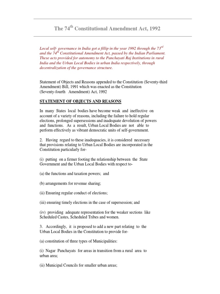 The 74 Constitutional Amendment Act, 1992: Statement of Objects and ...