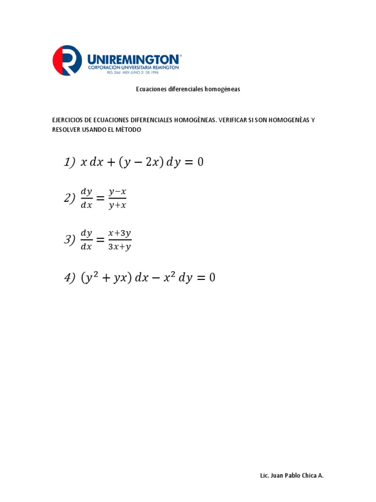 Ecuaciones diferenciales homogéneas ejercicios | PDF