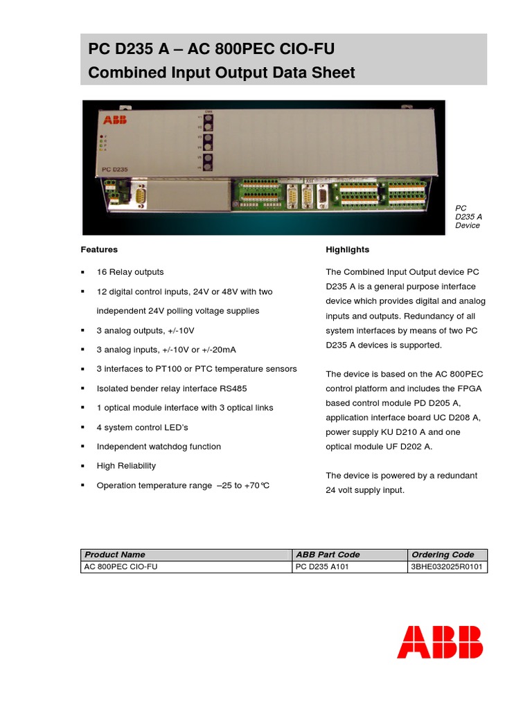 PC D235 A - Ac 800pec Cio-Fu Combined Input Output Data Sheet | PDF | Input/Output | Power Supply