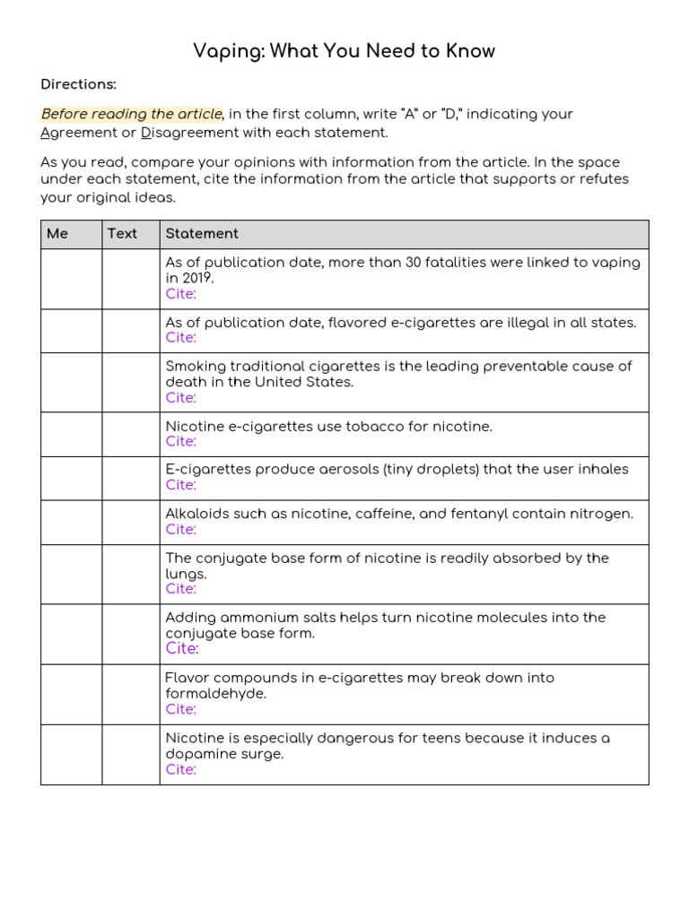 Vaping & E-Cigarettes Activity | PDF | Electronic Cigarette | Nicotine