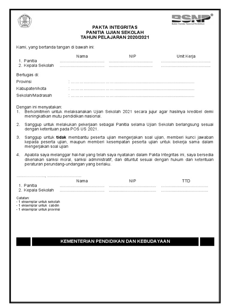 Pakta Integritas PANITIA US | PDF