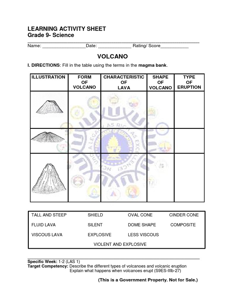 Learning Activity Sheet Grade 9-Science: Volcano | PDF | Volcano ...