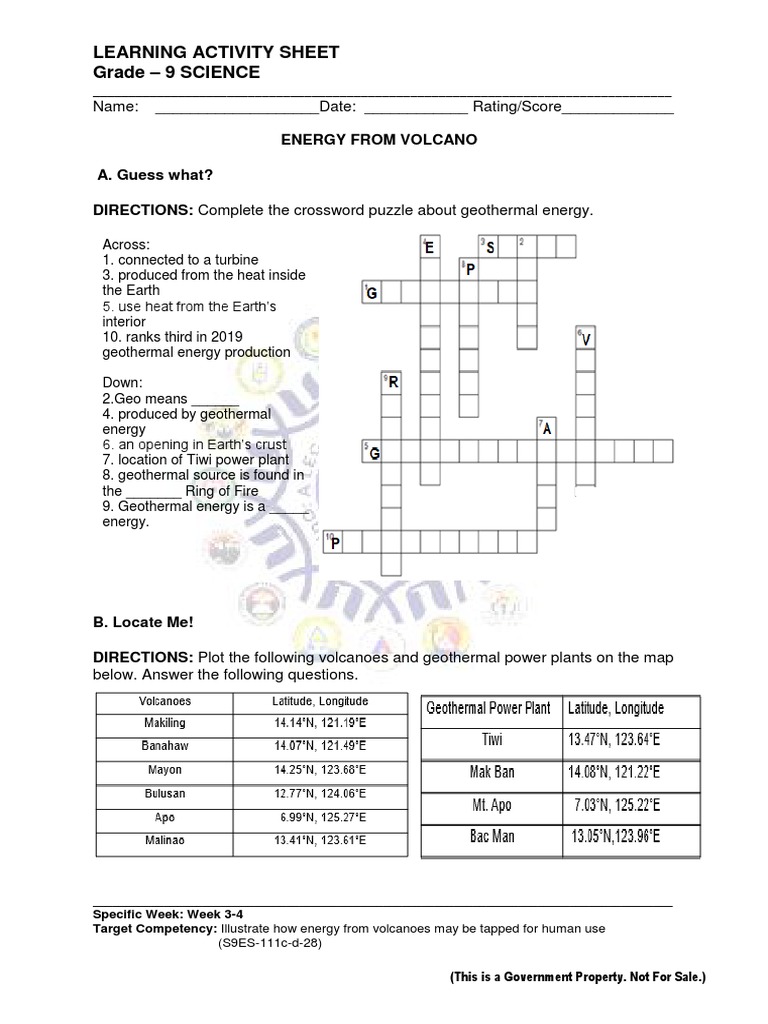 Learning Activity Sheet Grade - 9 Science | PDF | Geothermal Energy ...