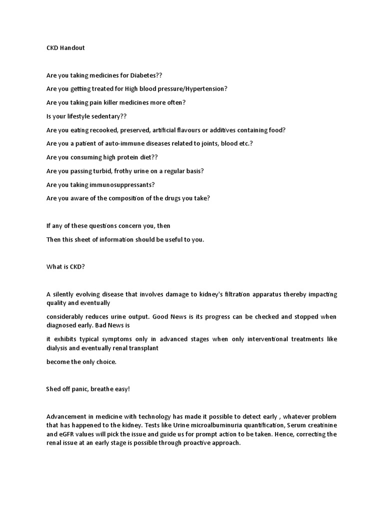 CKD Handout | PDF | Chronic Kidney Disease | Kidney